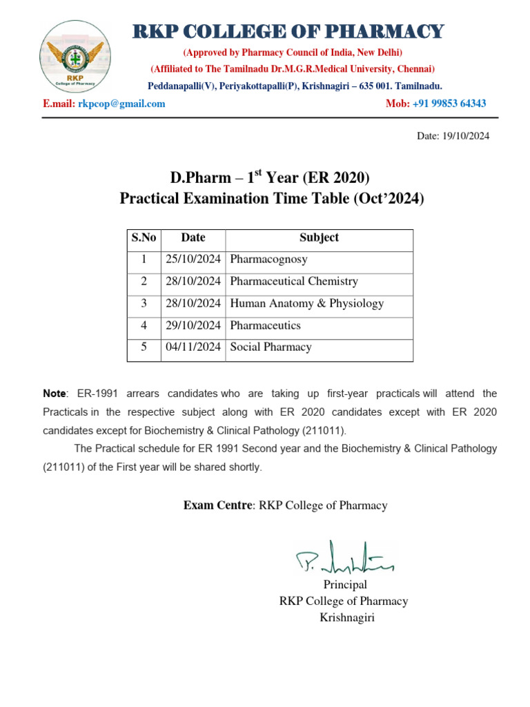 I D.pharm Practical Exam TT - Oct'2024 | PDF