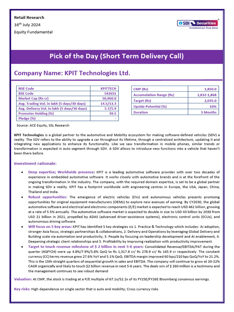 Pick of The Day (Short Term Delivery Call) - KPIT Technologies Ltd ...