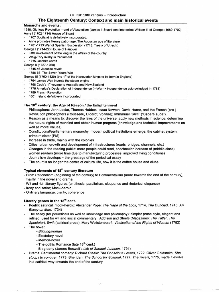 18thC - Context History, Philosophy, Lit. 1p.handout | PDF