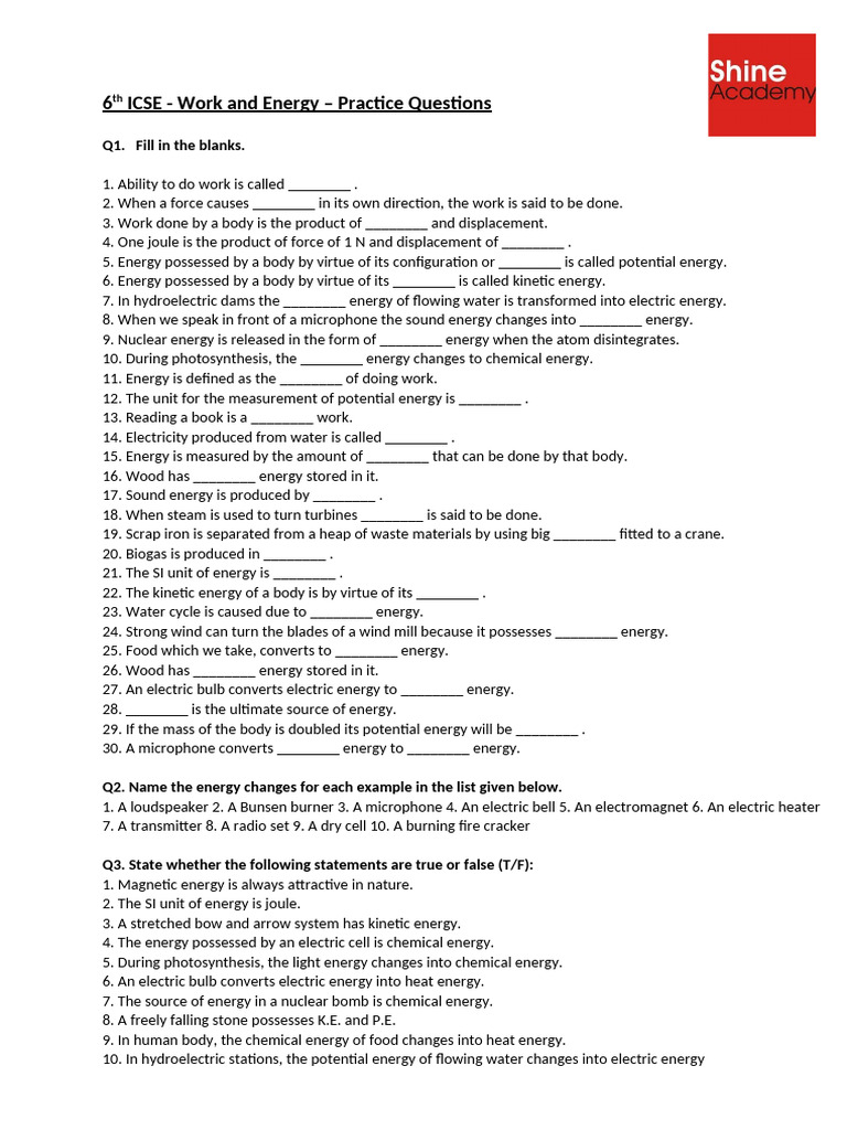 ICSE Work and Energy Practice Questions | PDF | Potential Energy ...
