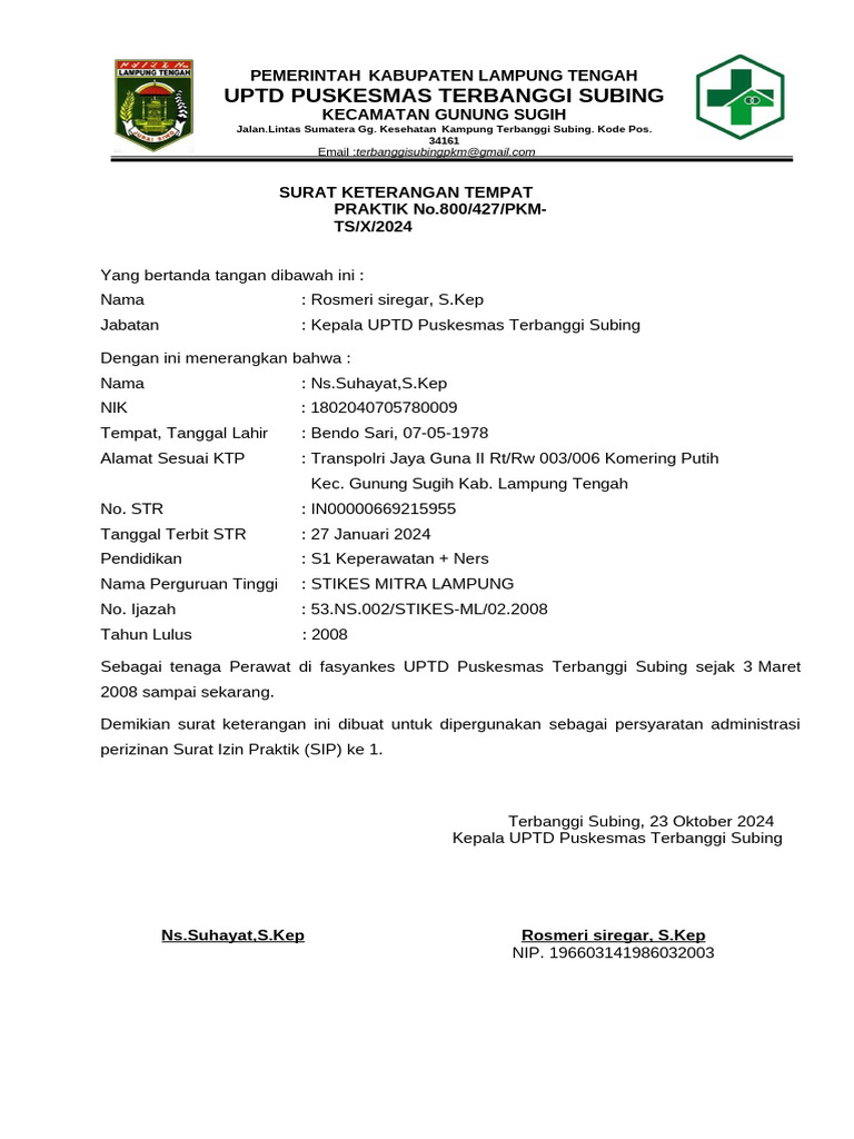 SURAT KETERANGAN TEMPAT PRAKTIK Suhayat | PDF