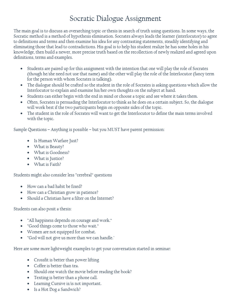 Socratic Dialogue Assignment | PDF | Socrates | Truth
