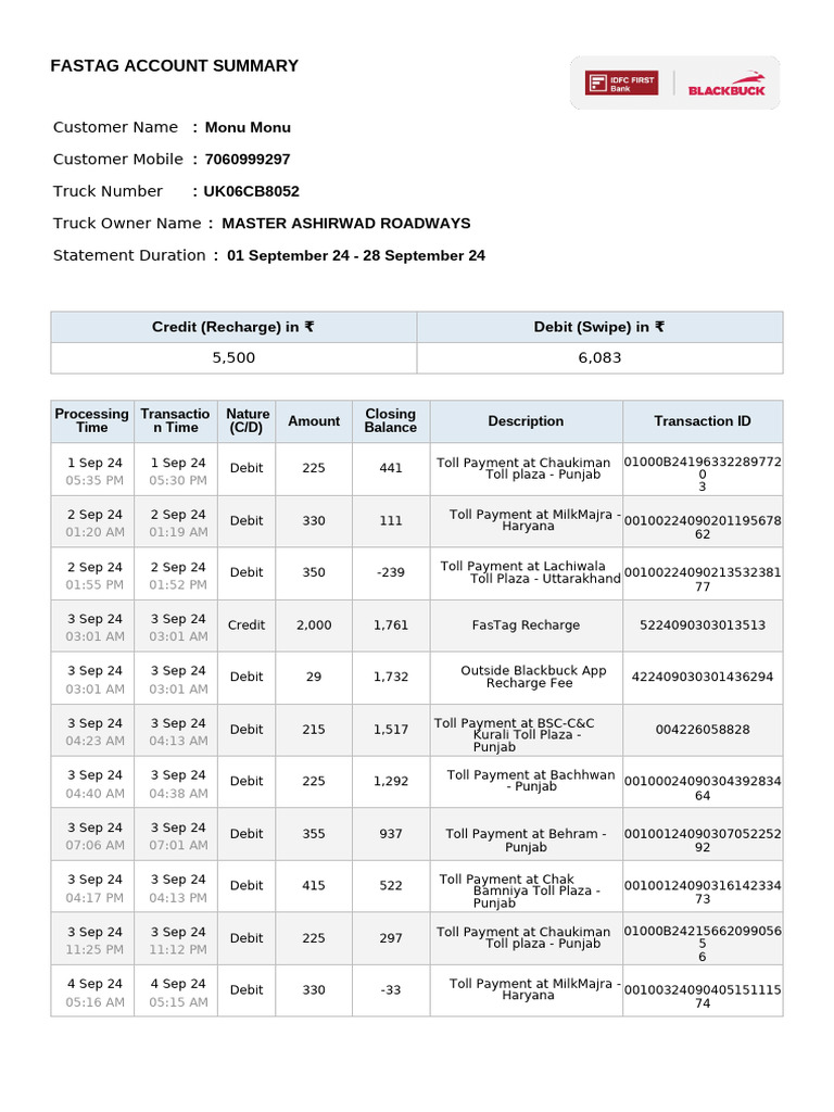 IDFC FASTag Summary1727509107429 | PDF | Debit Card | Transaction Account
