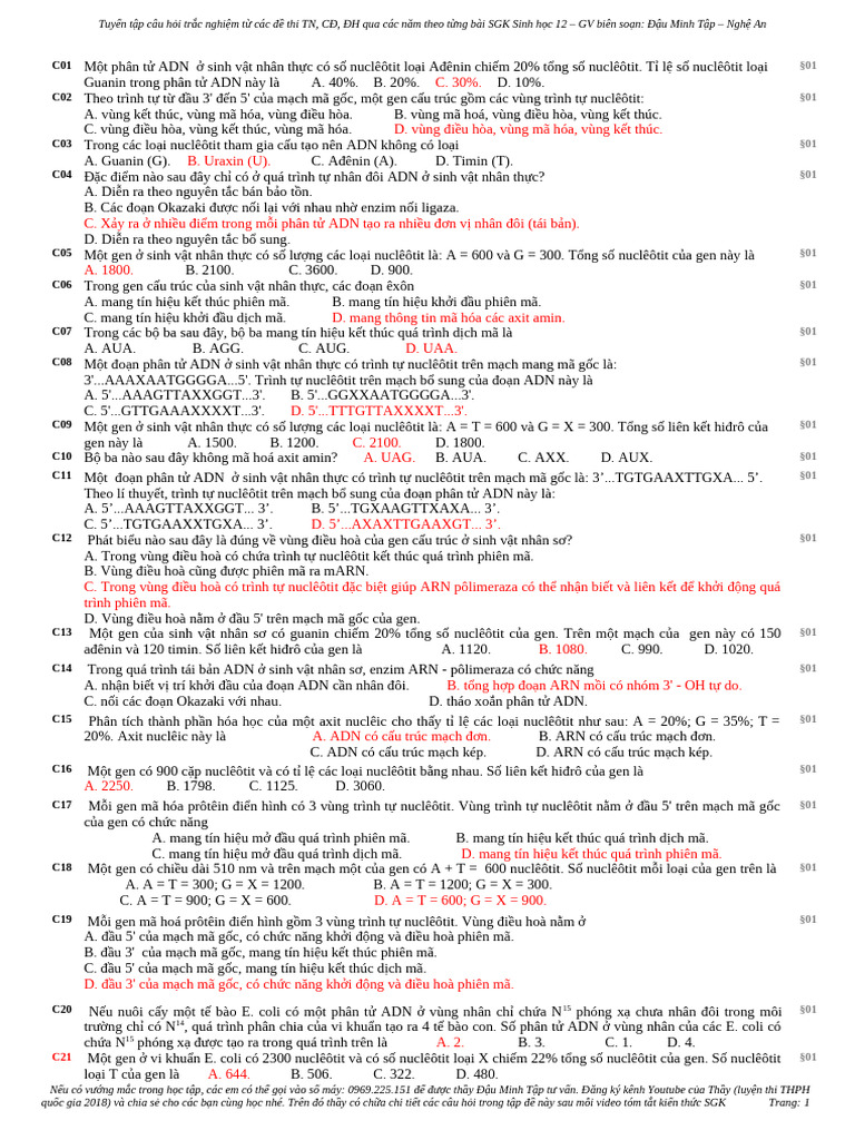 De Thi TN CD Va DH Tu 2009 Den 2018 Theo Bai SGK CO DAP AN | PDF