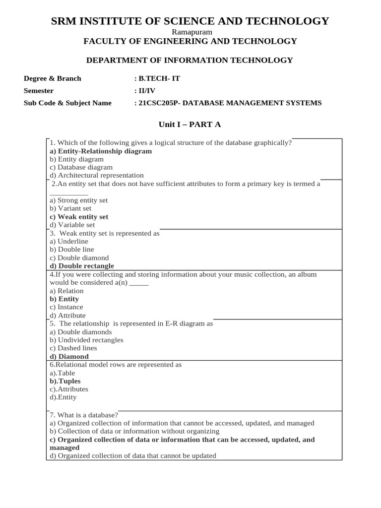 21CSC205P - DBMS - Unit I - QB | PDF | Databases | Conceptual Model