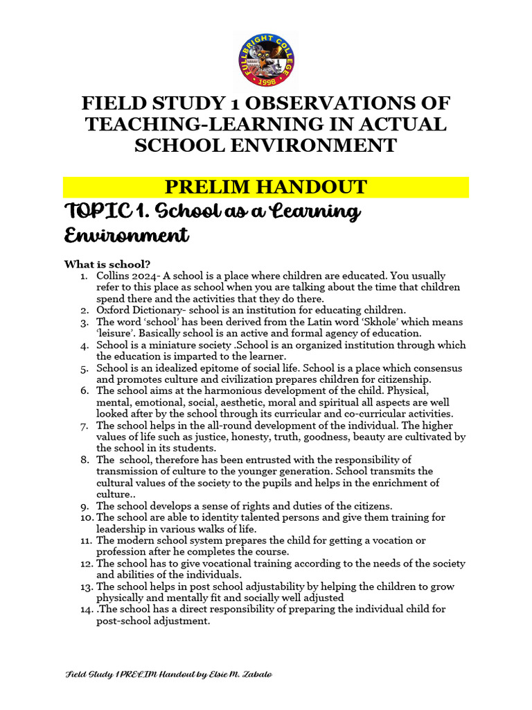 FS 1 HANDOUT - PRELIM - August 2024 | PDF | Learning | Teachers