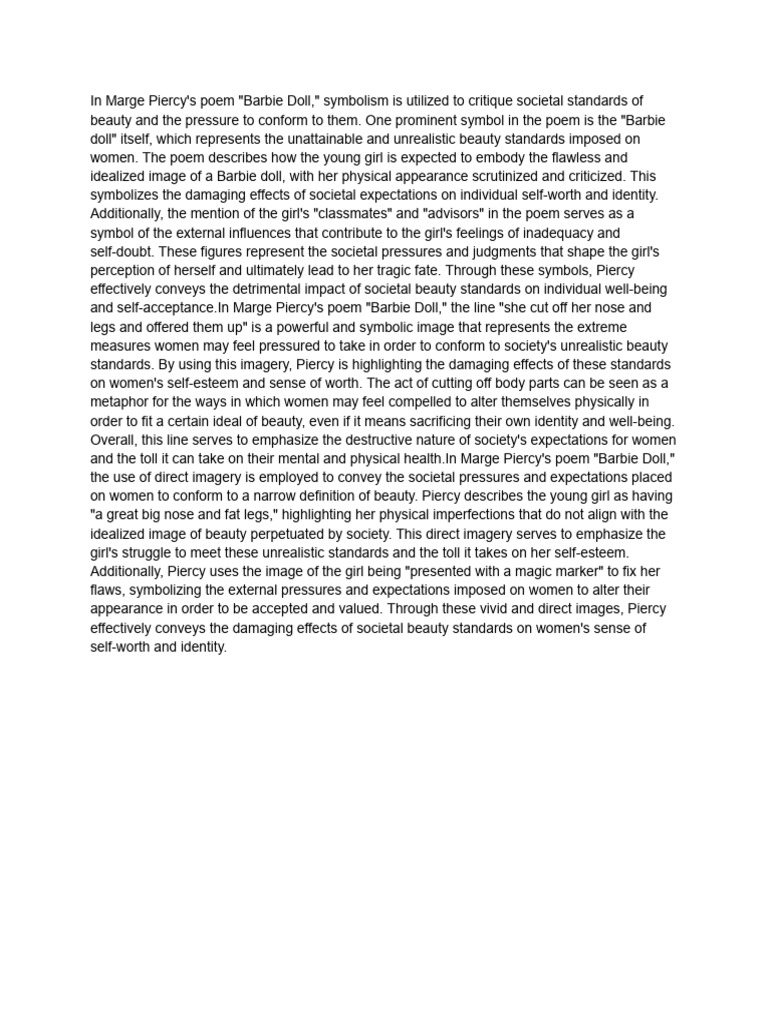 Marge Piercy's Poem Essay | PDF | Beauty | Self Esteem