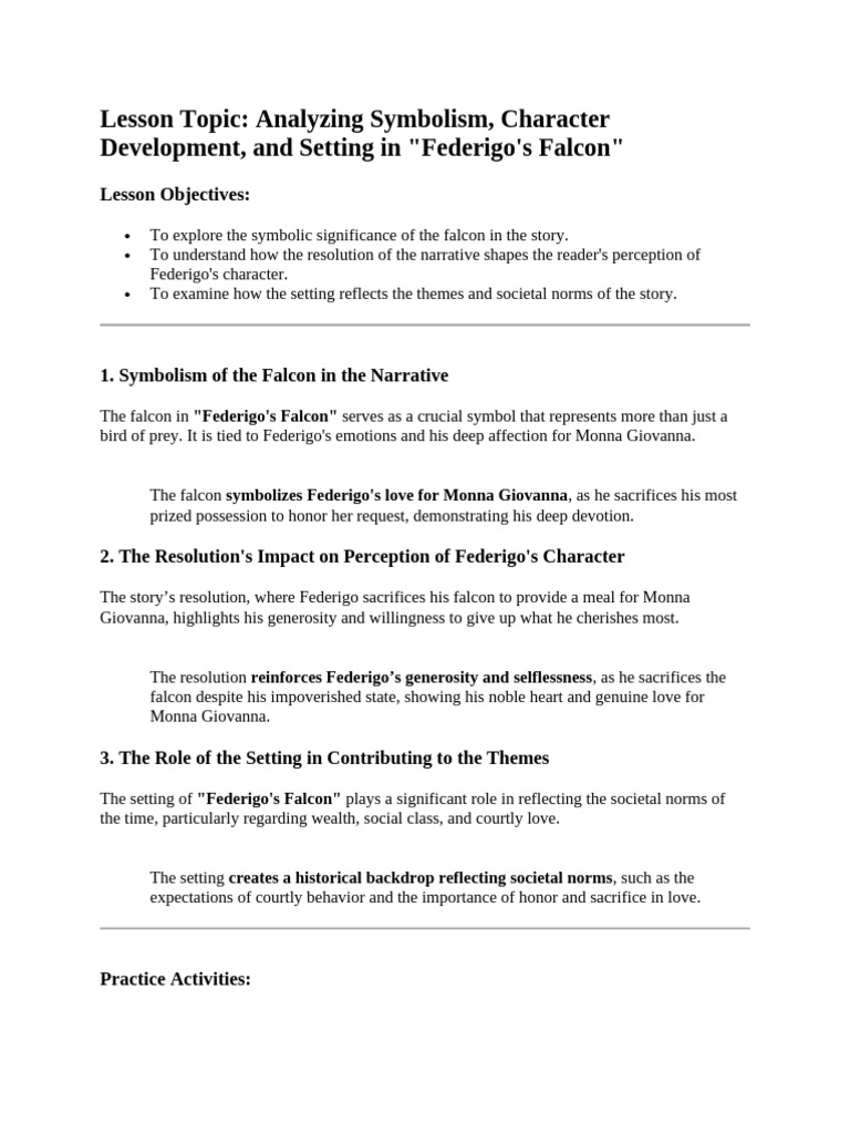 Analyzing "Federigo's Falcon" Elements | PDF | Love | Behavioural Sciences