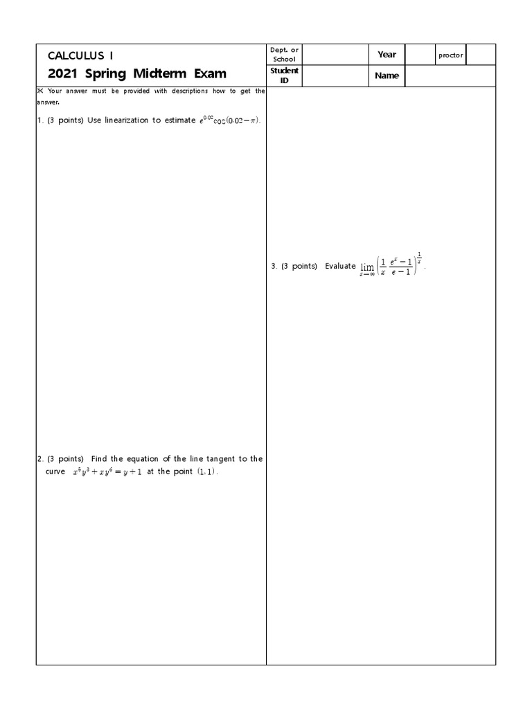Calculus I Spring 2021 Midterm Exam | PDF | Volume | Mathematical Analysis