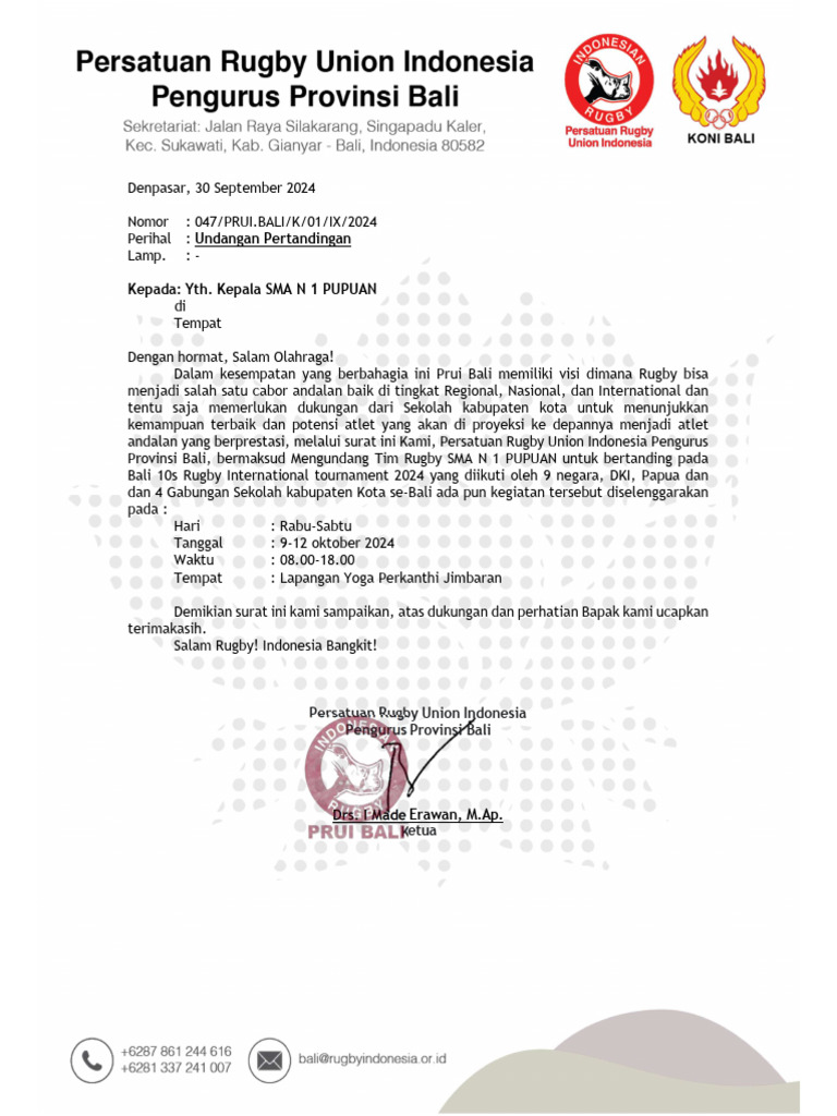 Undangan Pertandingan Rugby Bali 2024 | PDF