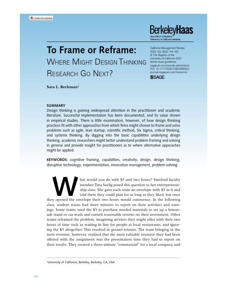 Beckman (2020) - To Frame or Reframe - Where Might Design Thinking Research Go Nex | PDF ...