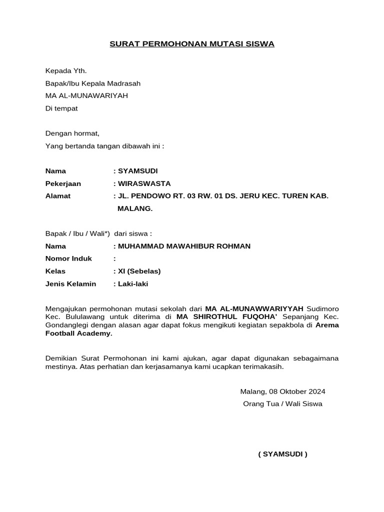 Surat Permohonan Mutasi Siswa | PDF