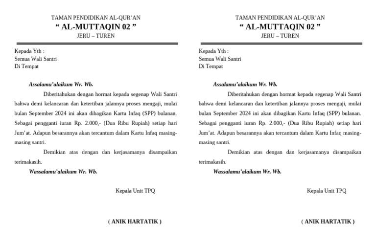 Surat Edaran TPQ Al-Muttaqin 2 | PDF