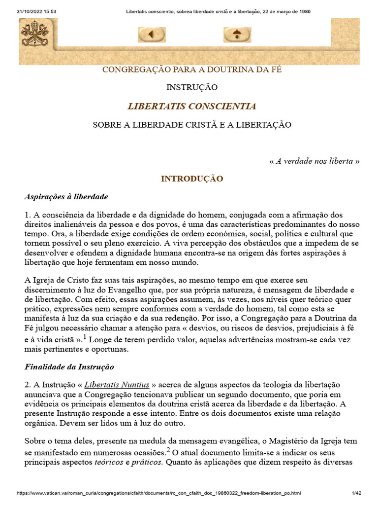 Libertatis Conscientia, Sobrea Liberdade Cristã e A Libertação, 22 de ...