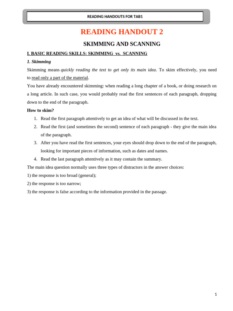 Reading Handout 1 - Skimming & Scanning - STUDENTS | PDF | Speed ...
