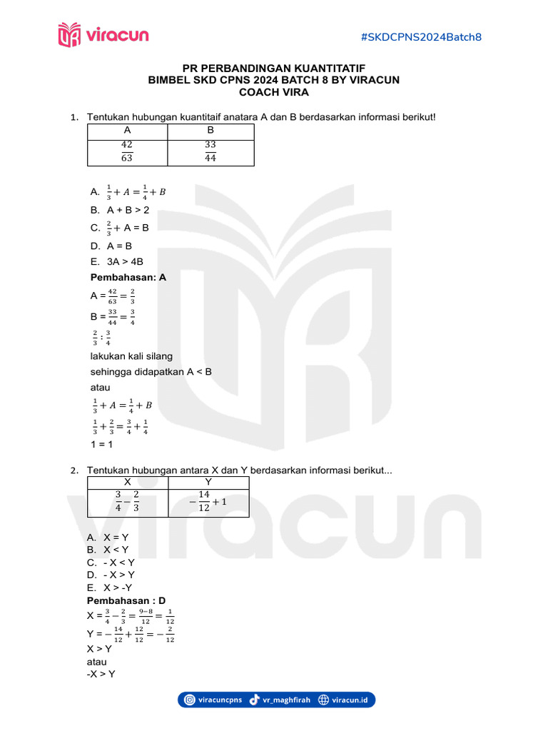 Pembahasan PR Perbandingan Kuantitatif - Viracun Batch 8 | PDF