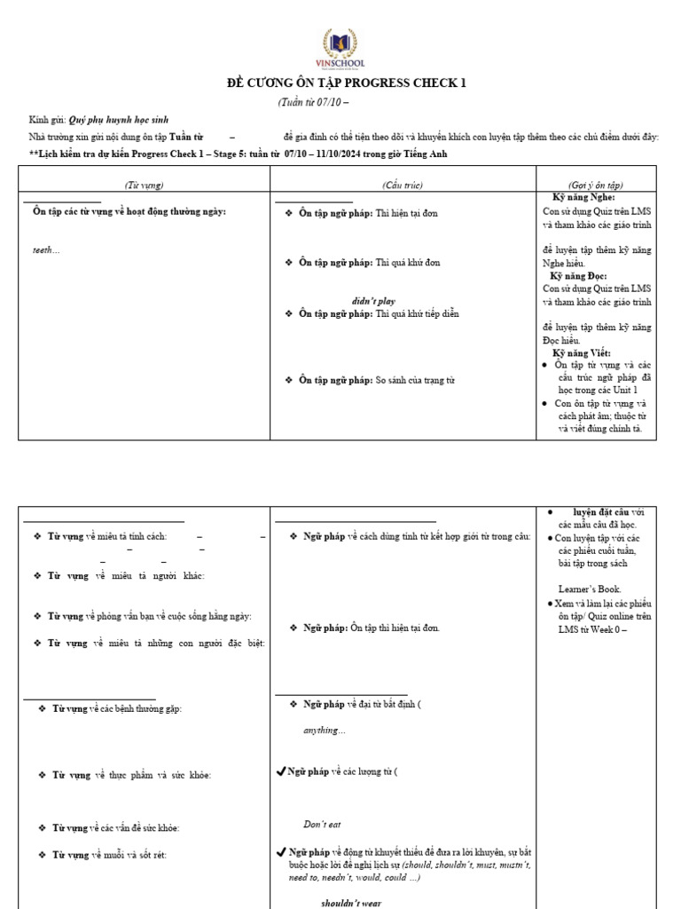 S5 - W8 - PROGRESS CHECK 1 - DE CUONG ON TAP - Approved | PDF S5 - W8 - PROGRESS CHECK 1 - DE CUONG ON TAP - Approved | PDF