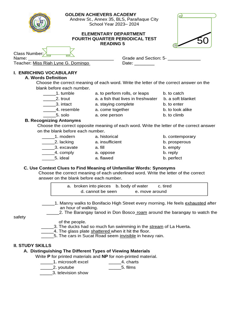 Fourth Periodical Test Reading 5 | PDF