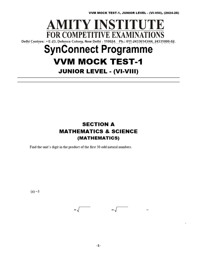 VVM Mock Test 2024 for Classes VI-VIII | PDF