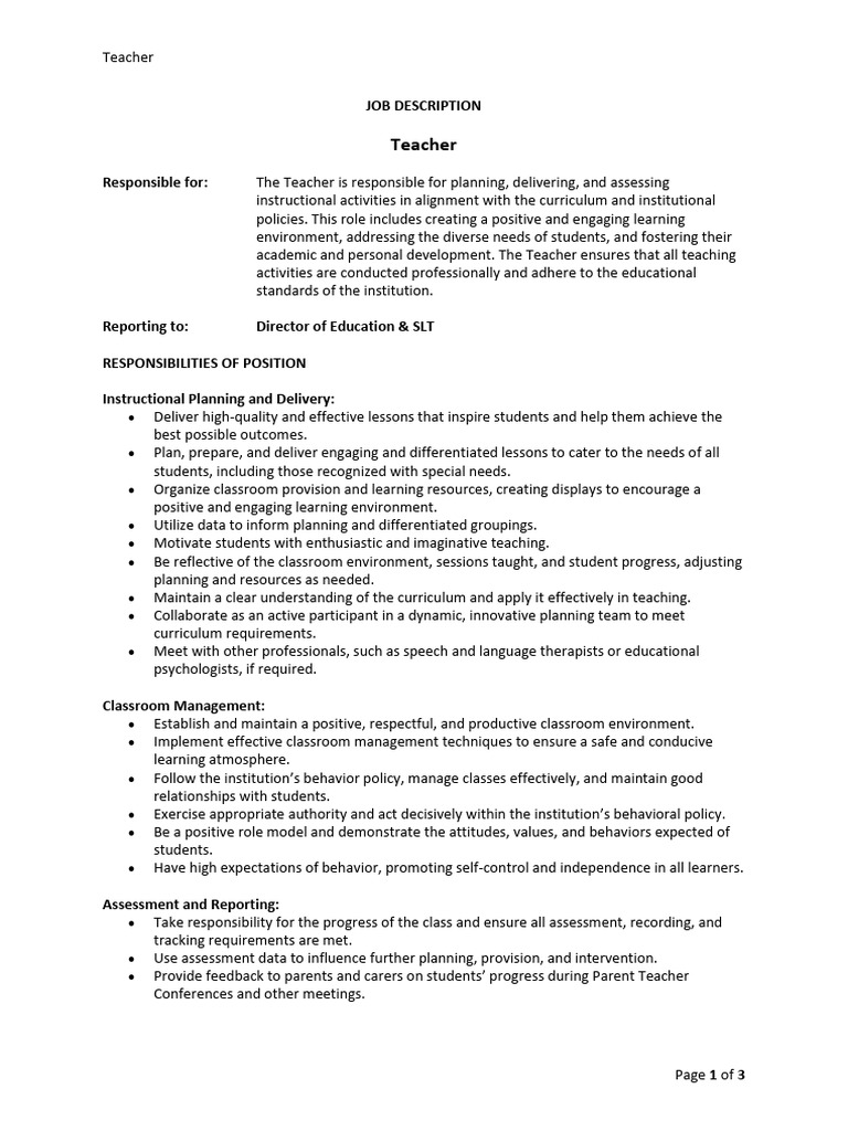 Teacher - Job Description | PDF | Teachers | Classroom Management