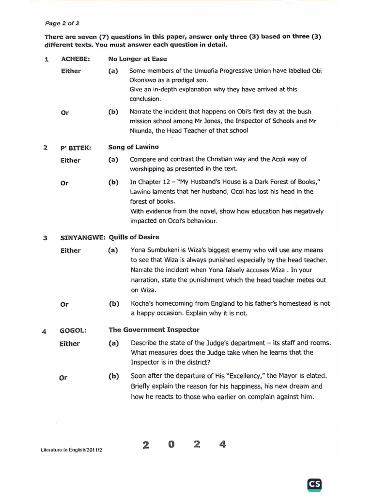 2024 GCE Literature P2 marking Key | PDF