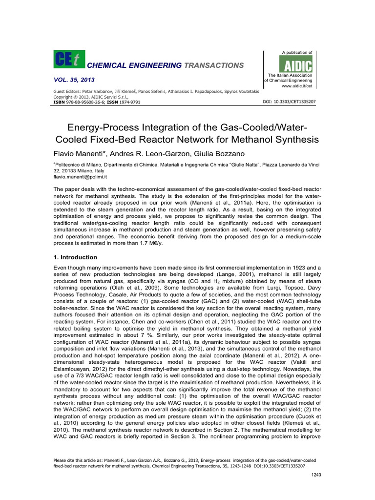 Energy-Process Integration of The Gas-Cooled/Water-Cooled Fixed-Bed Reactor Network For Methanol ...