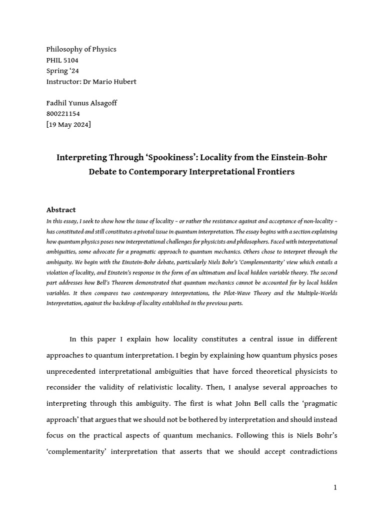 Interpreting Through Spookiness': Locality From The Einstein-Bohr ...