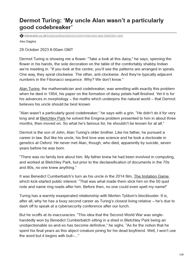 Telegraph - Co.uk-Dermot Turing My Uncle Alan Wasnt A Particularly Good ...