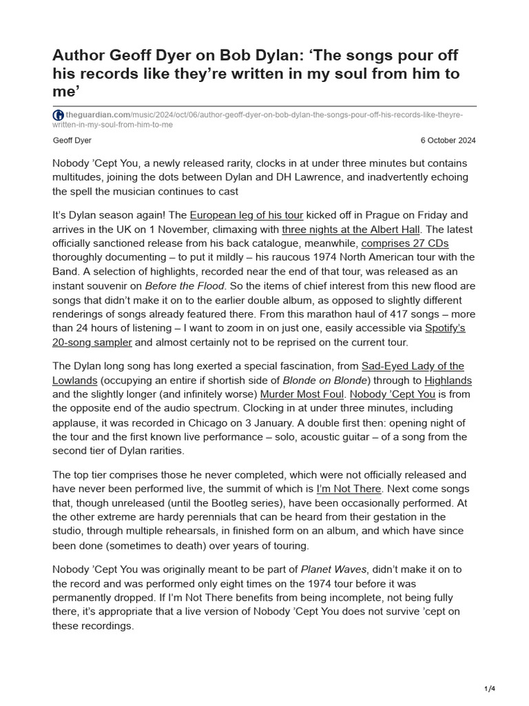 Author Geoff Dyer On Bob Dylan The Songs Pour Off His Records Like ...