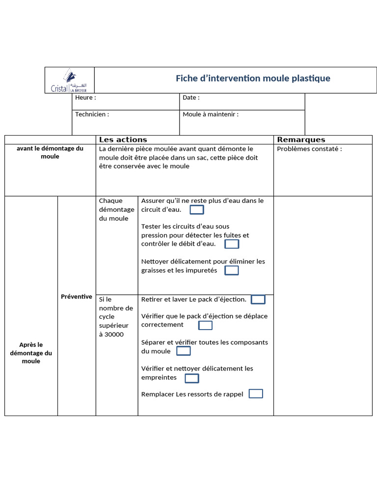 Fiche d'intervention pour moules plastiques | PDF