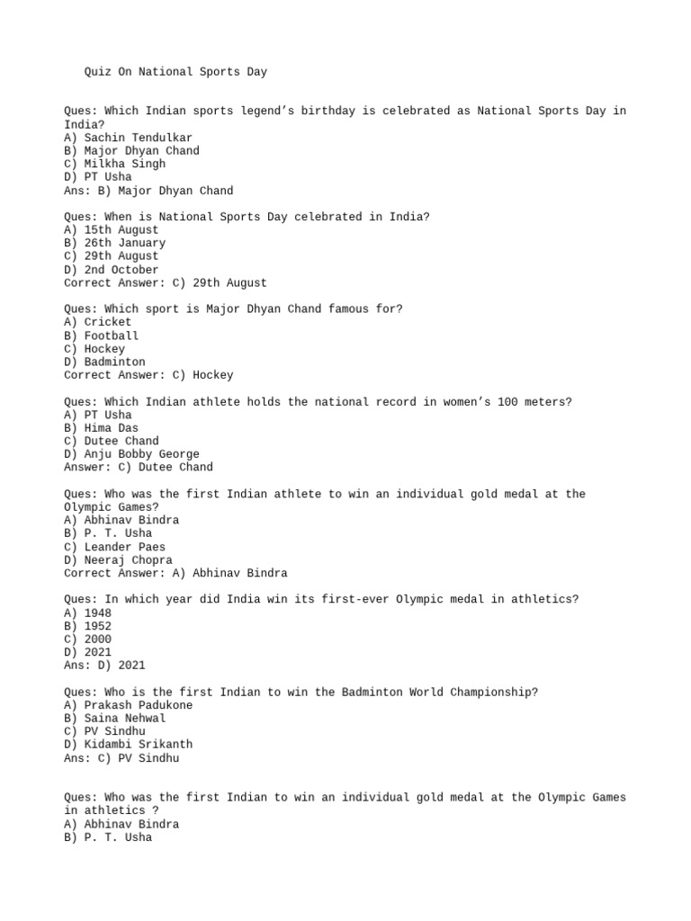 MCQ Questions For National Sports Day | PDF | Sports
