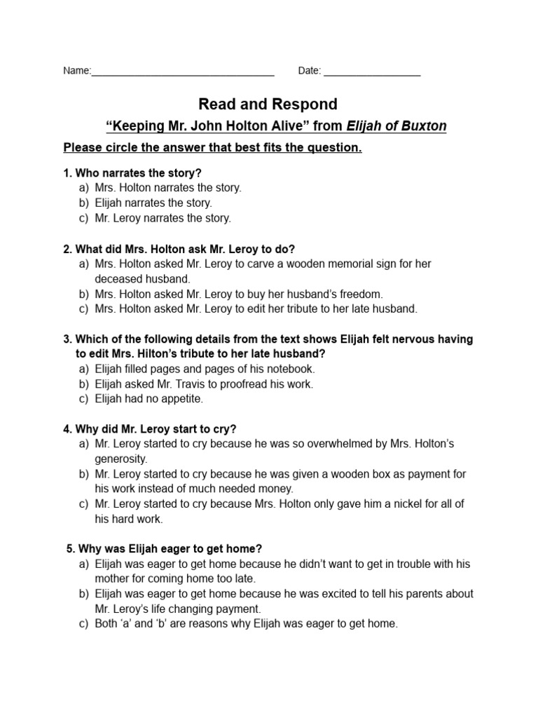 Read and Respond: "Keeping Mr. John Holton Alive" From | PDF