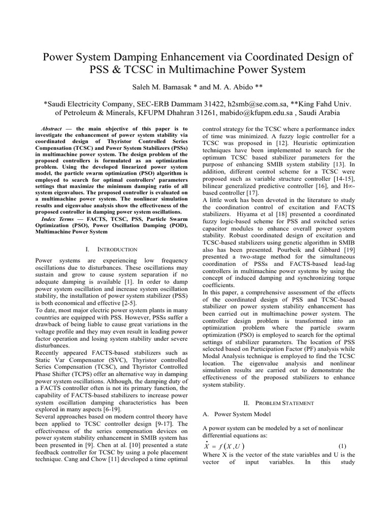 Power System Damping Enhancement Via Coordinated Design of PSS & TCSC in Multimachine Power ...