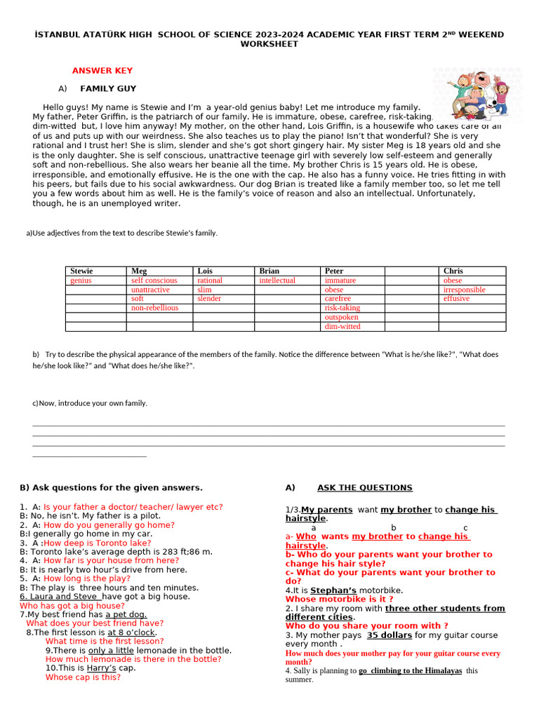 KEY -2nd Weekend Worksheet 23-24 | PDF | Meg Griffin