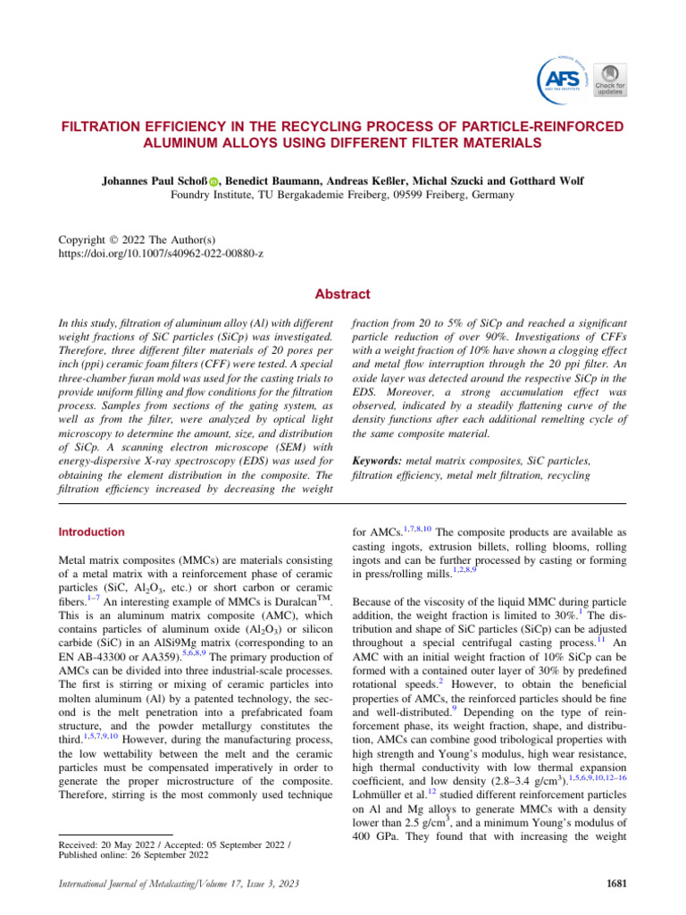 Filtration Efficiency in The Recycling Process of Particle-Reinforced ...