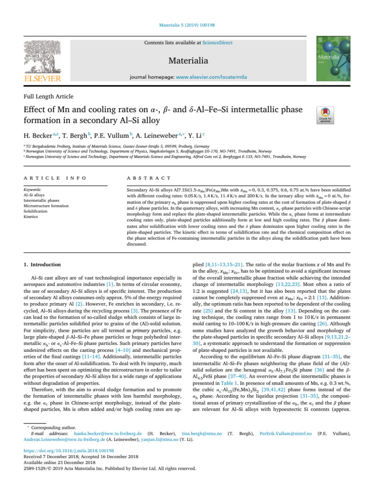 Effect of Mn and cooling rates on α-, β- and δ-Al-Fe-Si intermetallic ...