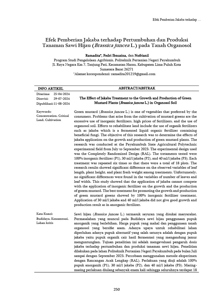 Efek Jakaba pada Sawi Hijau di Organosol | PDF