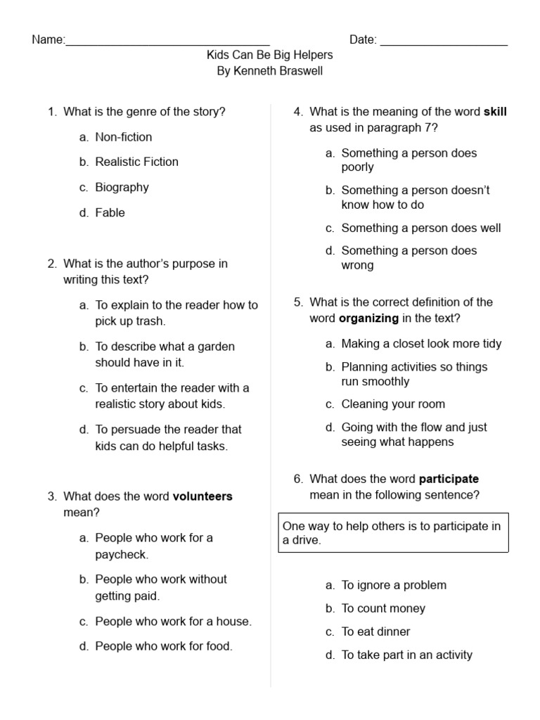 Skill: Name: - Date: - Kids Can Be Big Helpers by Kenneth Braswell | PDF