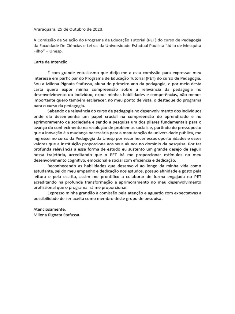 Carta de Intenção para PET Pedagogia | PDF