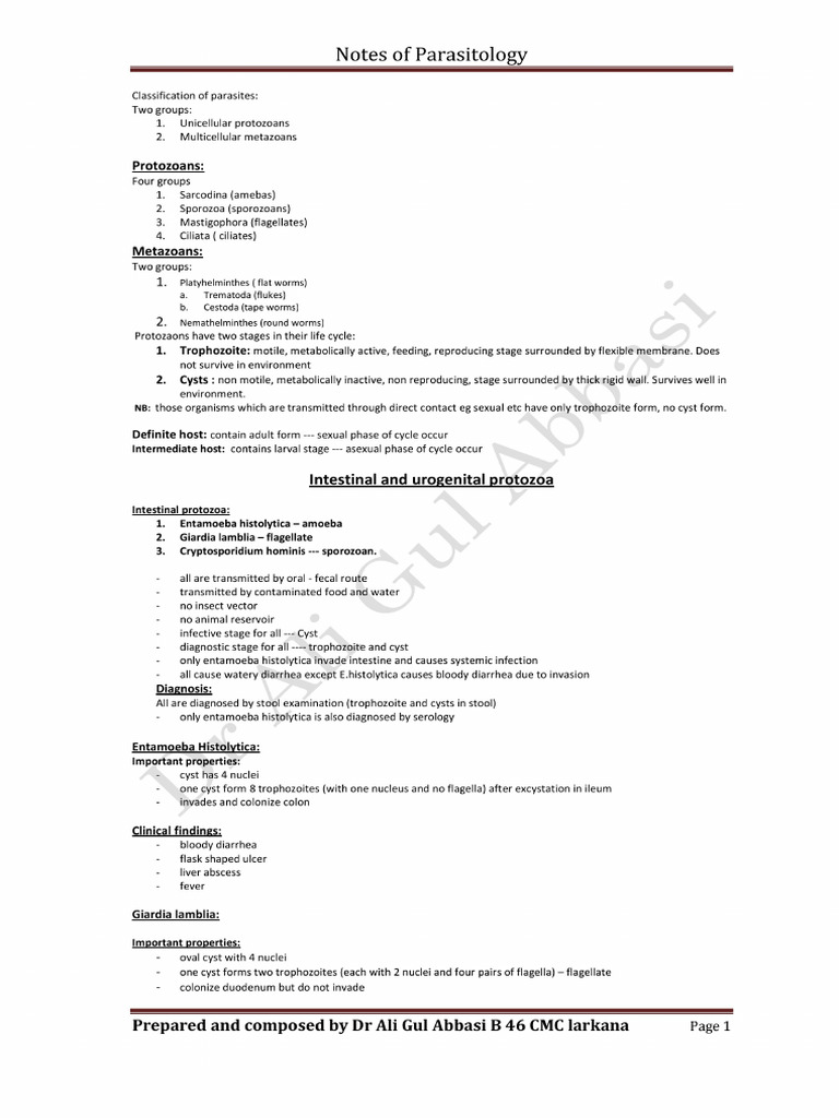 Parasitology Notes Made by DR Ali Gul Abbasi | PDF