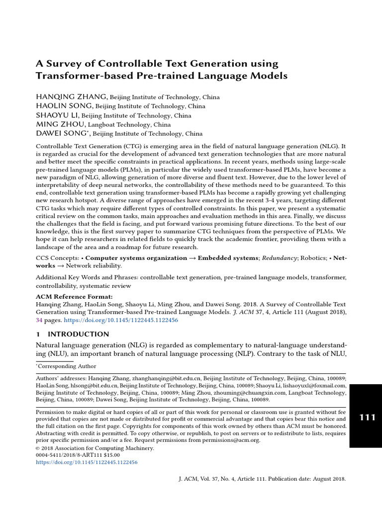 A Survey Of Controllable Text Generation Using Tra Pdf Artificial