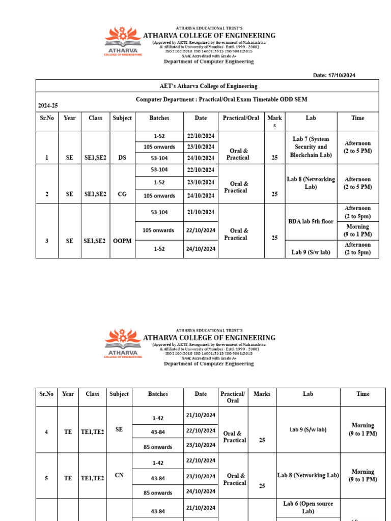 AET Atharva Engineering Exam Timetable | PDF