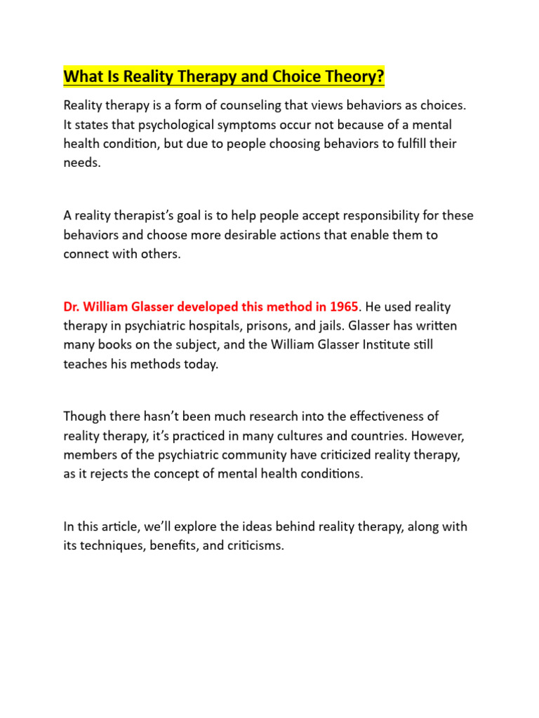 Reality Therapy and Choice Theory | PDF | Psychotherapy | Psychological ...