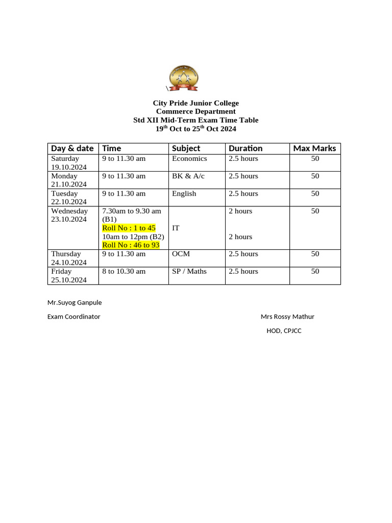 STD XII Mid Term Exam Time Table Oct 2024 | PDF