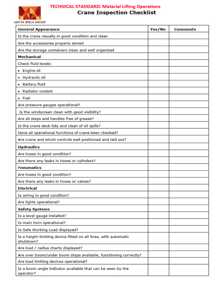 Crane Inspection Checklist During Hiring | PDF | Crane (Machine) | Brake