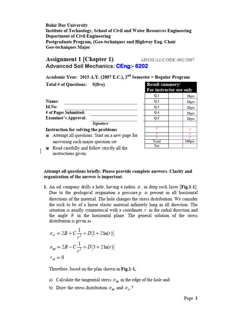 Adv Soil Mechnics Assignment 1 (Chapter 1) | PDF | Stress (Mechanics) | Materials Science