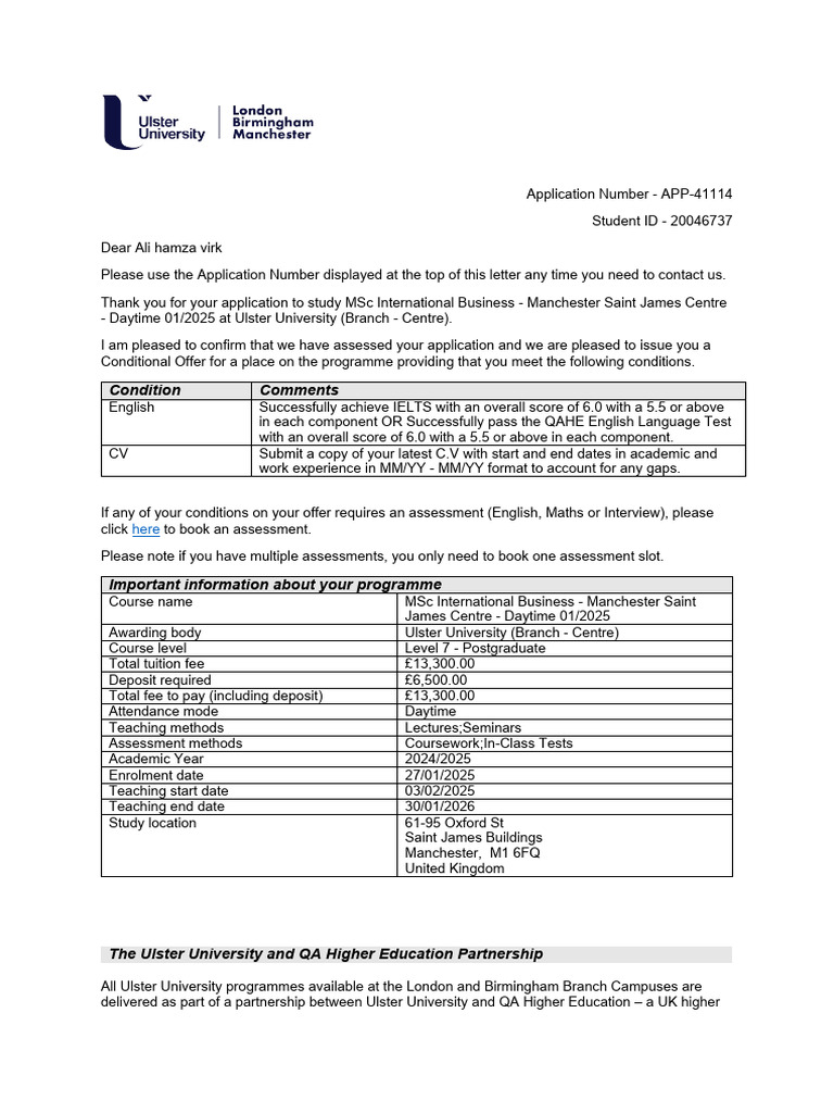 Ali Hamza Virk - Conditional Offer | PDF | Travel Visa | Fee