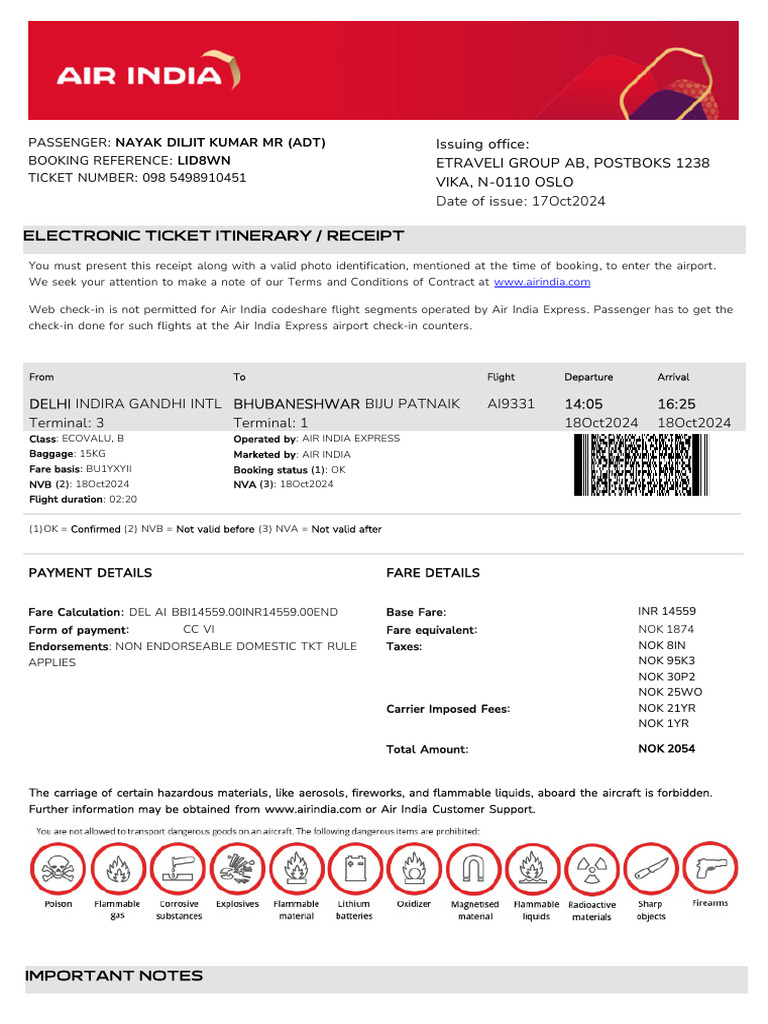 Air India Web Booking Eticket (LID8WN) - DILJIT KUMAR | PDF
