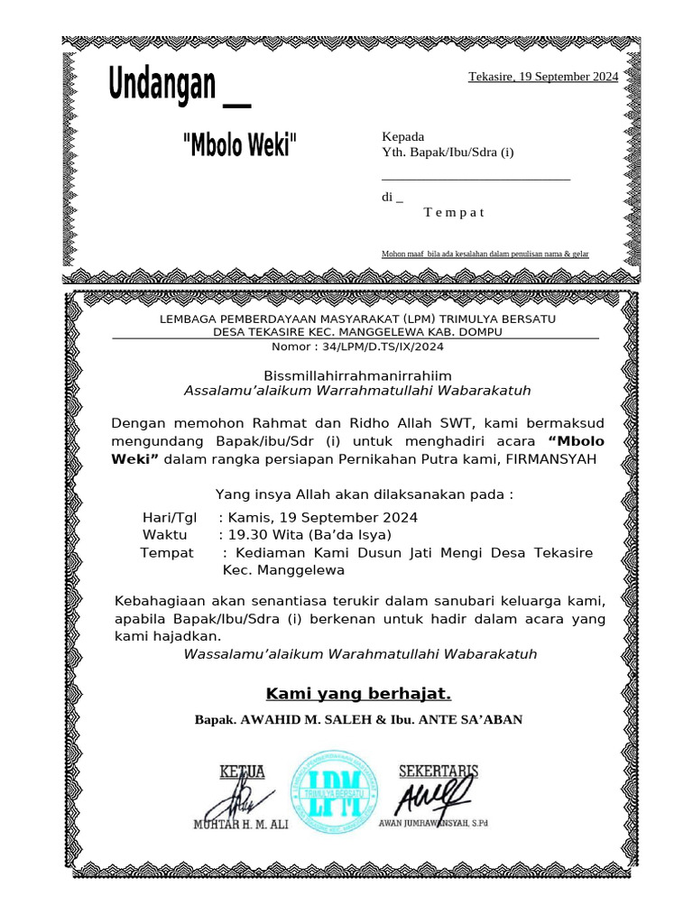 Undangan Mbolo WEki Tekarane E | PDF