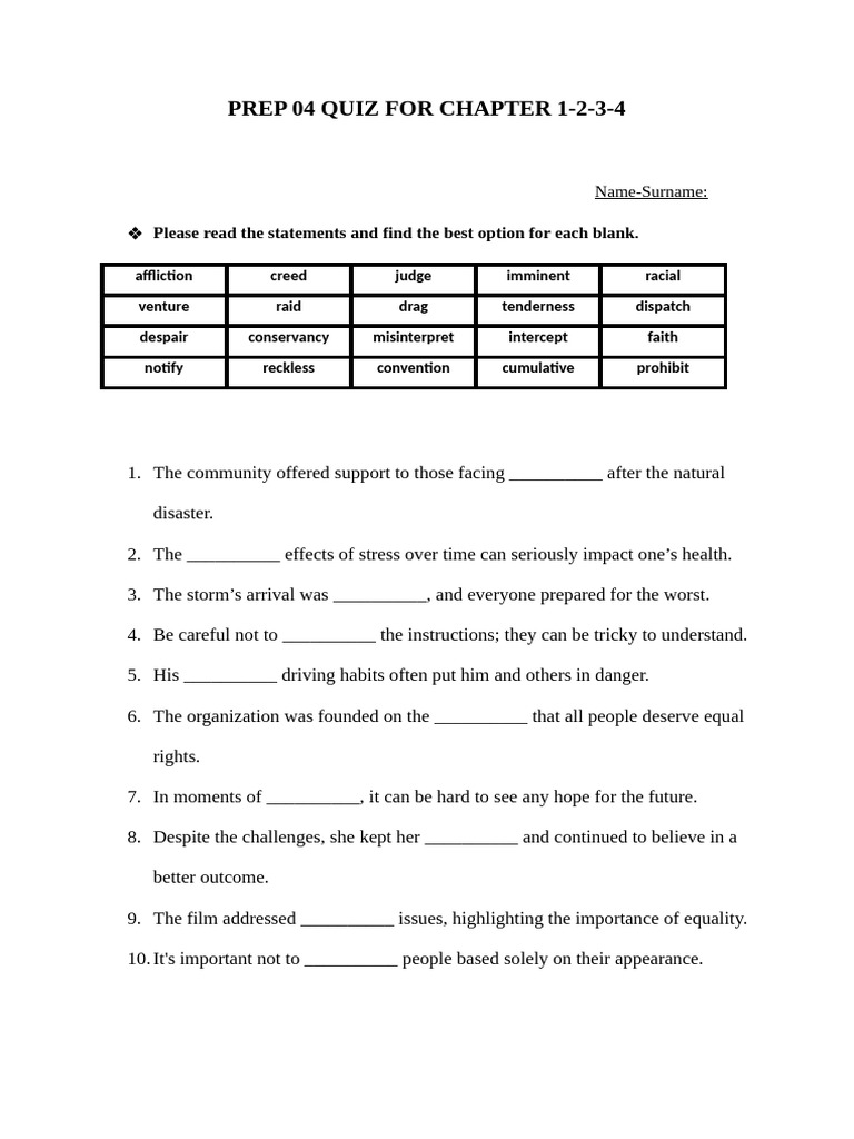 Chapter 1-4 Quiz: Vocabulary Fill-in | PDF